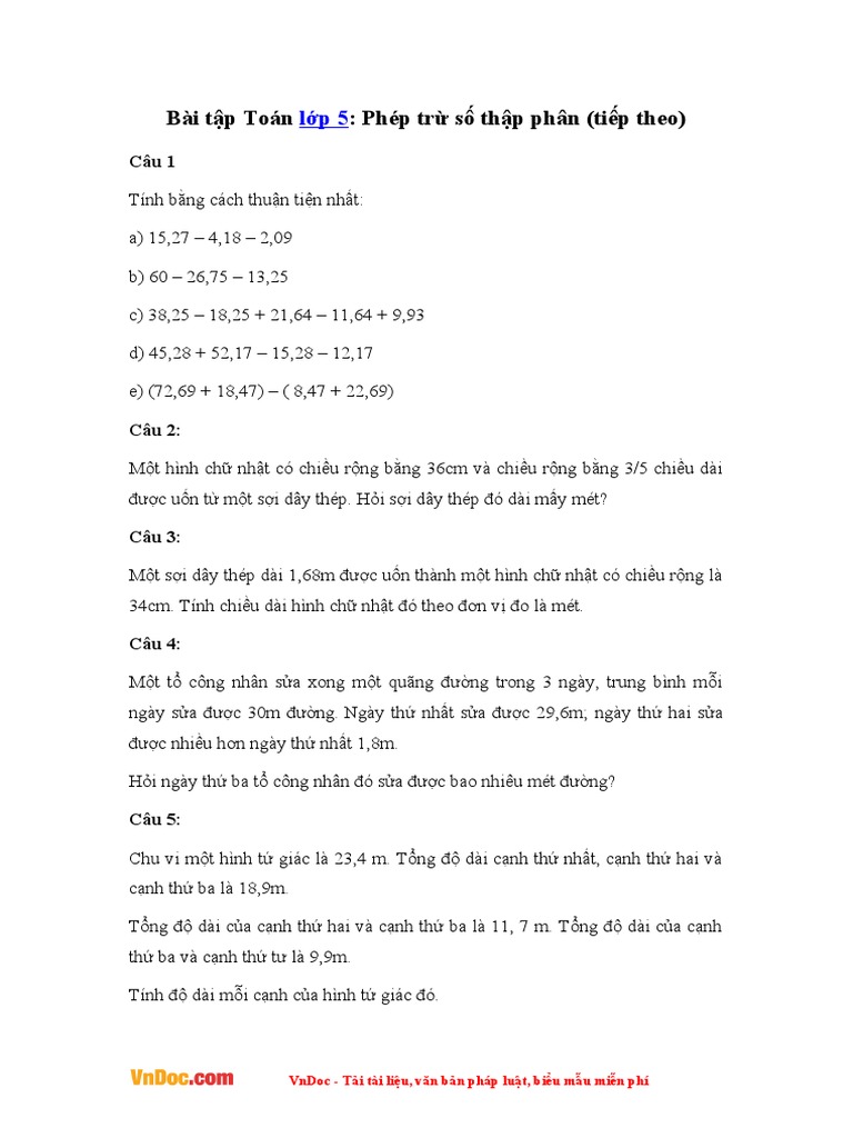 BT Toan Lop 5 Phep Tru So Thap Phan Phan 2 | PDF