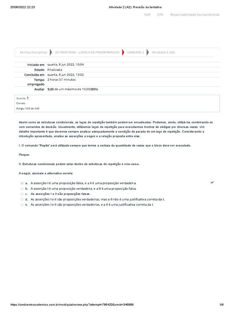 Atividade 2 (A2) - Revisão Da Tentativa | PDF | Algoritmos | Lógica
