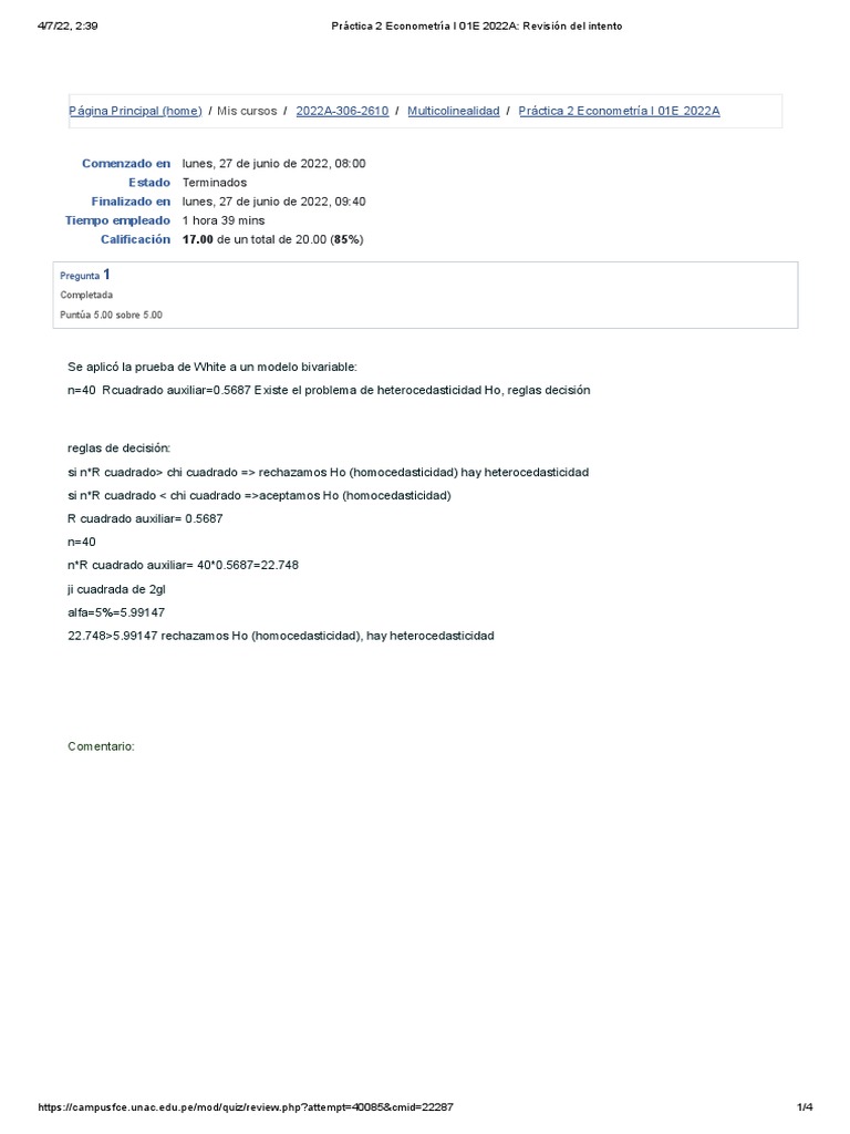 Práctica 2 Econometría I 01E 2022A - Revisión Del Intento-1 | PDF | Econometría | Inferencia ...