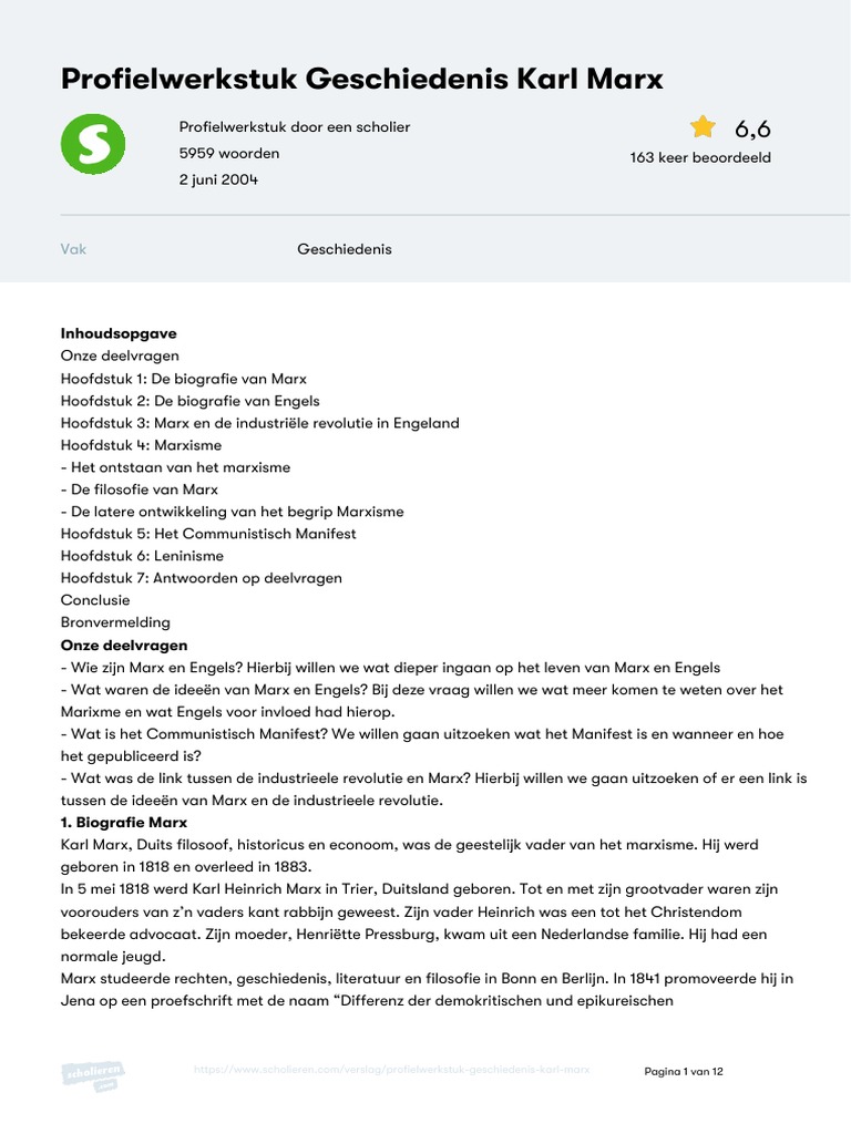 Profielwerkstuk Geschiedenis Karl Marx | PDF