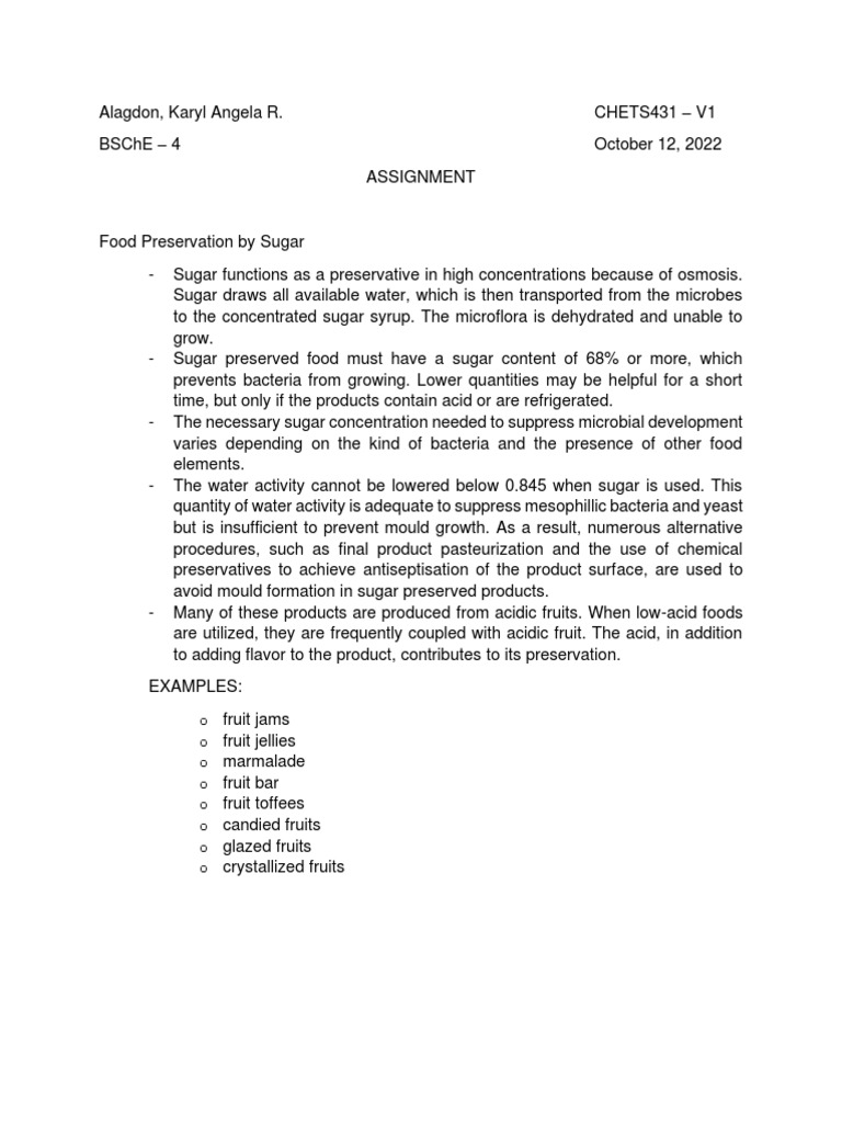Assignment Food Preservation By Sugar And Salt Pdf Cooking Food