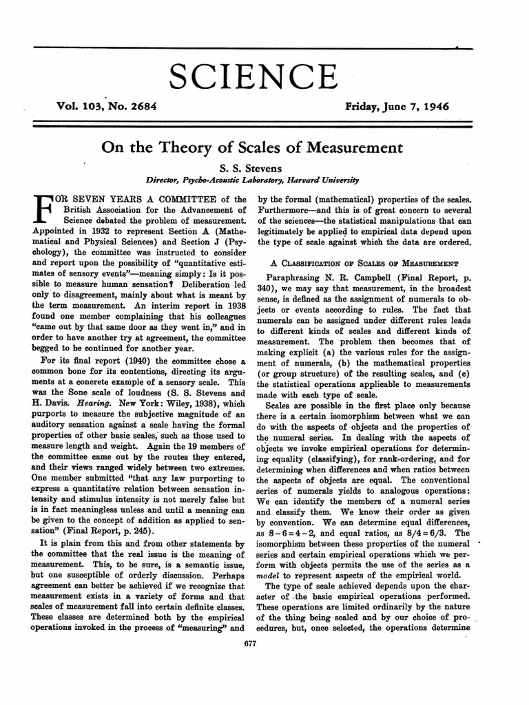 On the Theory of Scales of Measurement: Classifying Scales Based on ...