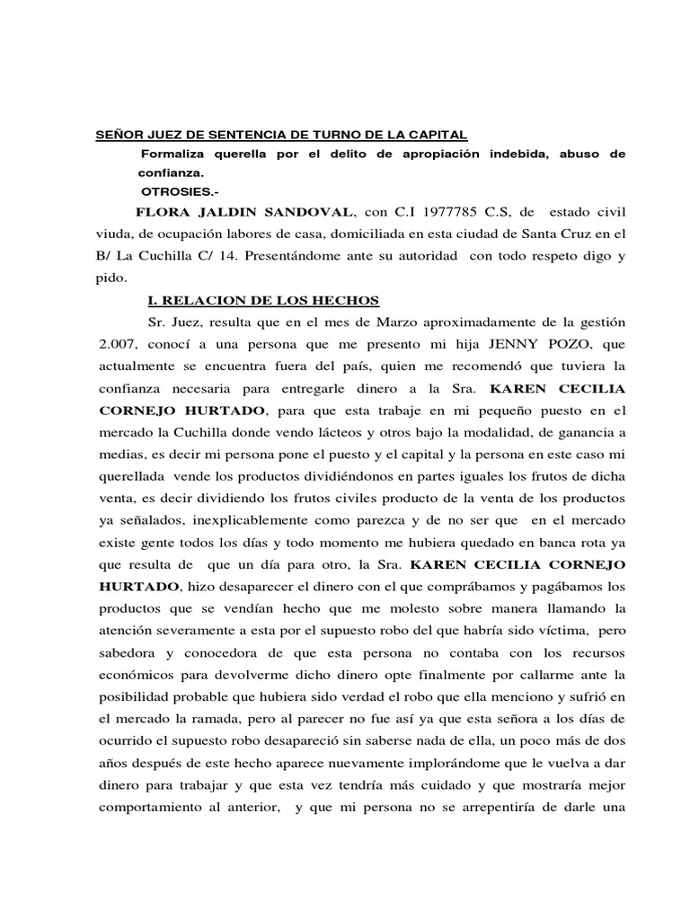 Querella Por Apropiacion Indebida Flora Jaldin | PDF | Crímenes ...