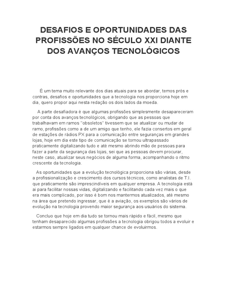 Desafios e Oportunidades Das Profissões No Século Xxi Diante Dos ... Desafios e Oportunidades Das Profissões No Século Xxi Diante Dos ...