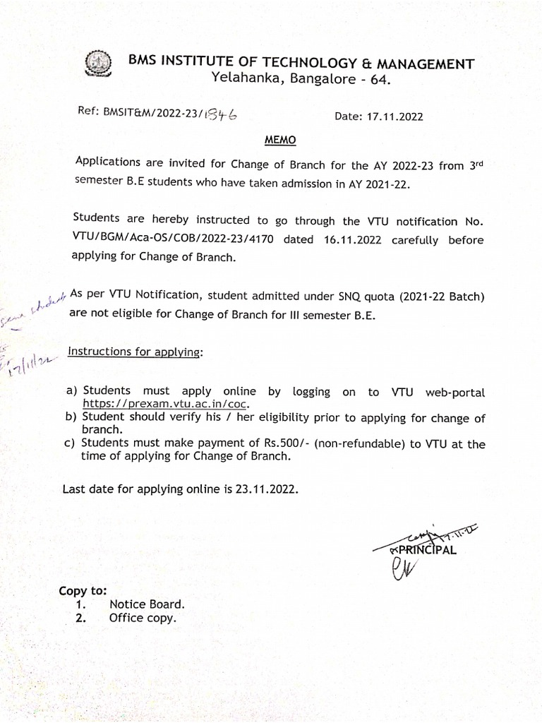 VTU - Change of Branch Notification | PDF