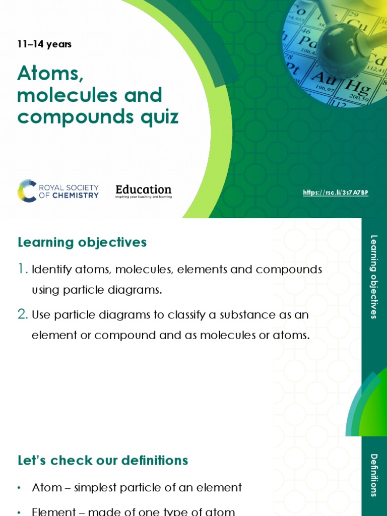 Atoms, Molecules and Compounds Quiz: 11-14 Years | PDF | Molecules ...