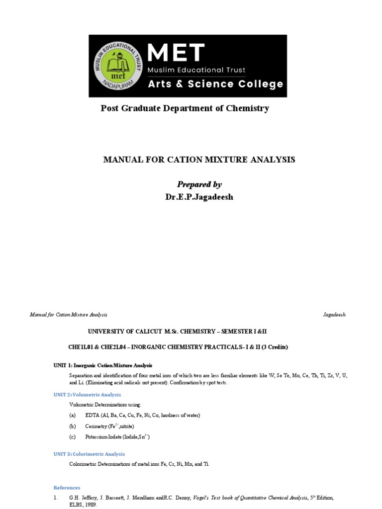 Manual For Cation Mixture Analysis | PDF | Ammonium | Precipitation ...