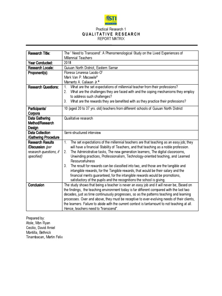 The ' Need To Transcend' Report Matrix | PDF | Teachers | Cognitive Science