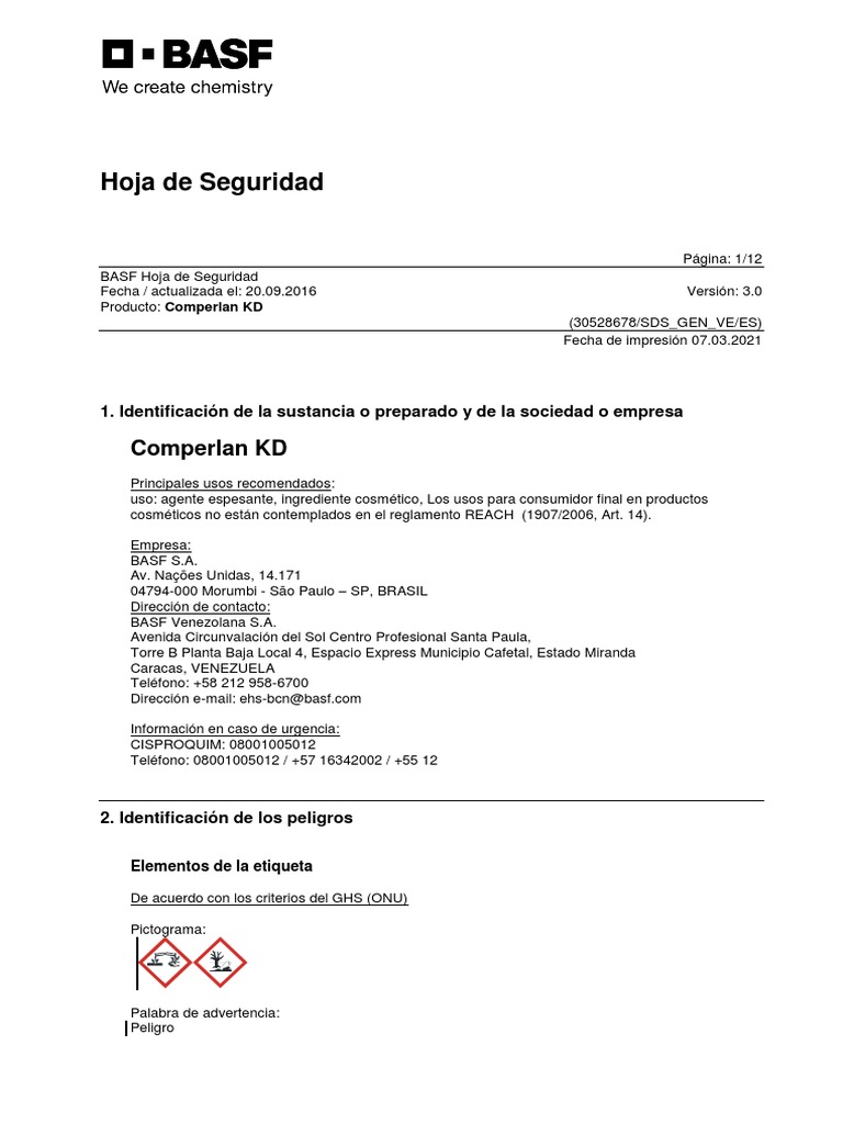 Hoja de Seguridad BASF Comperlan KD | PDF | Toxicidad | Agua