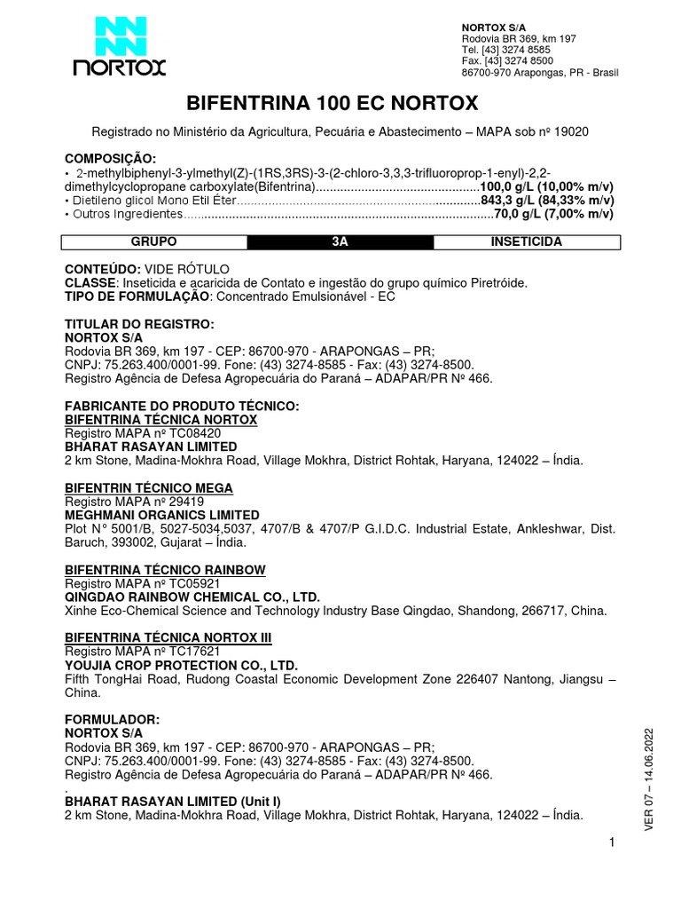Bifentrina 100 EC Nortox - Bula VER 07 - 14.06.2022 | PDF