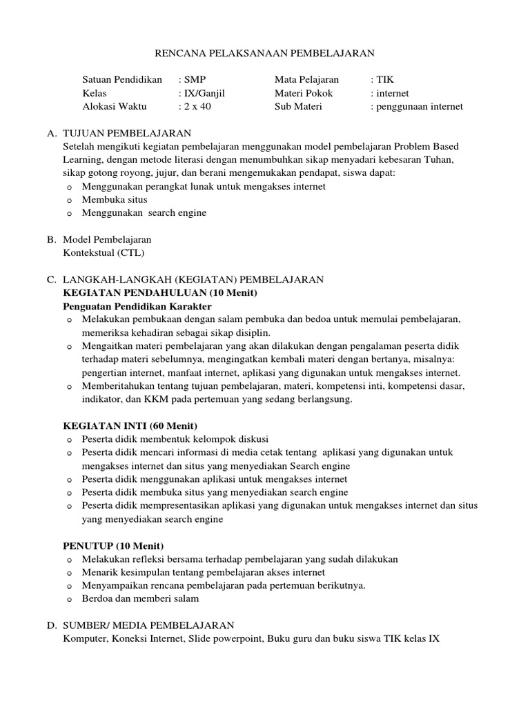 RPP Tik Kelas Ix Ganjil Internet | PDF