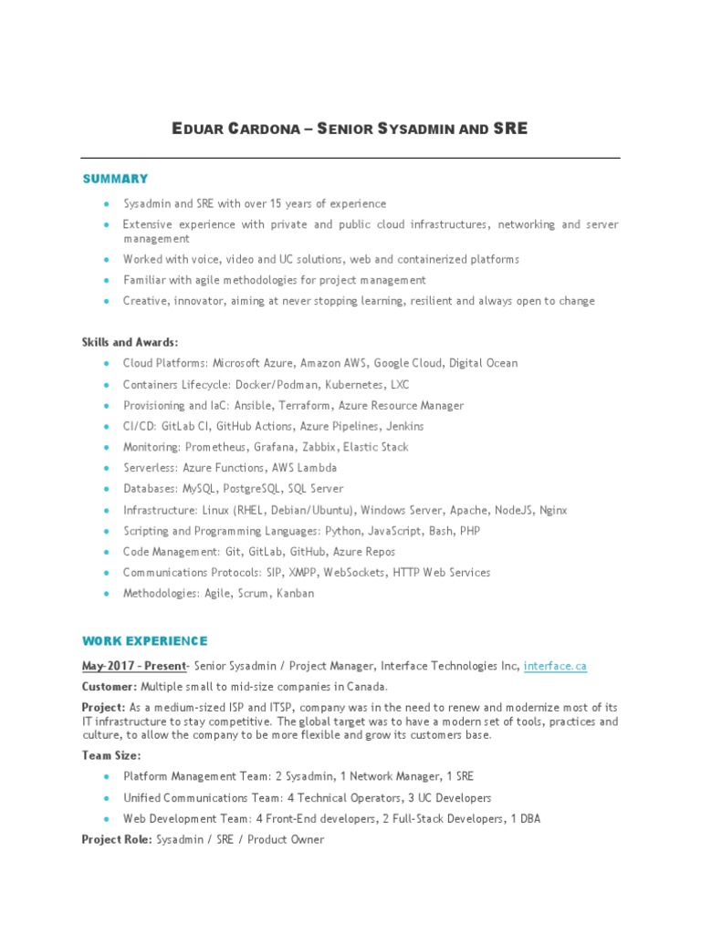 Eduar Cardona Senior Sysadmin SRE CV Unbranded | PDF