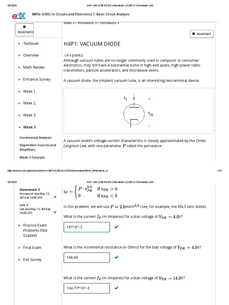 H4P1 - VACUUM DIODE - Homework 4 - 6.002 | PDF