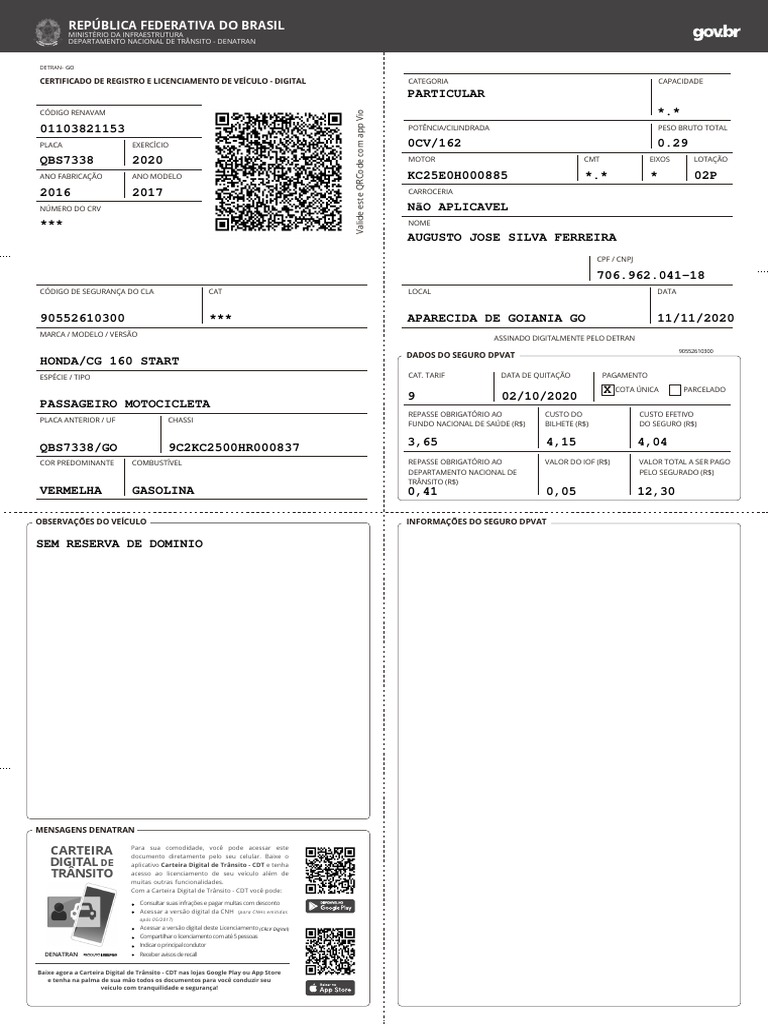 CRLV Digital - 1624519205449C22190 | Download grátis PDF | Transporte terrestre | Veículo motorizado