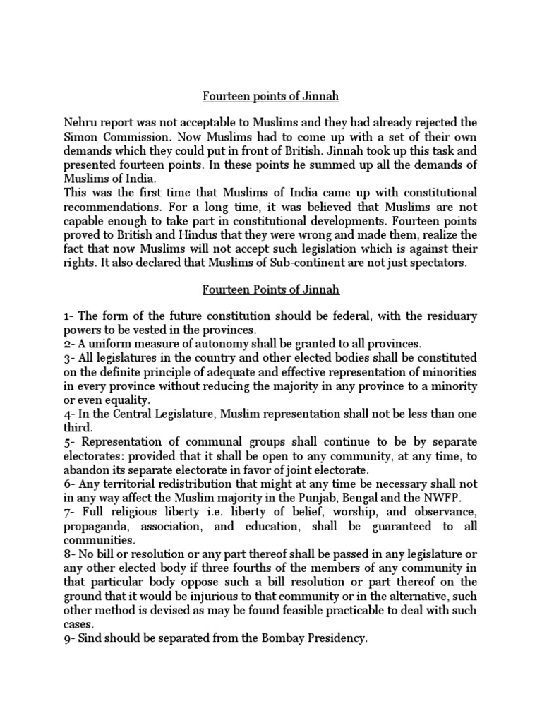 Fourteen Points of Jinnah | PDF | Social Science | Law