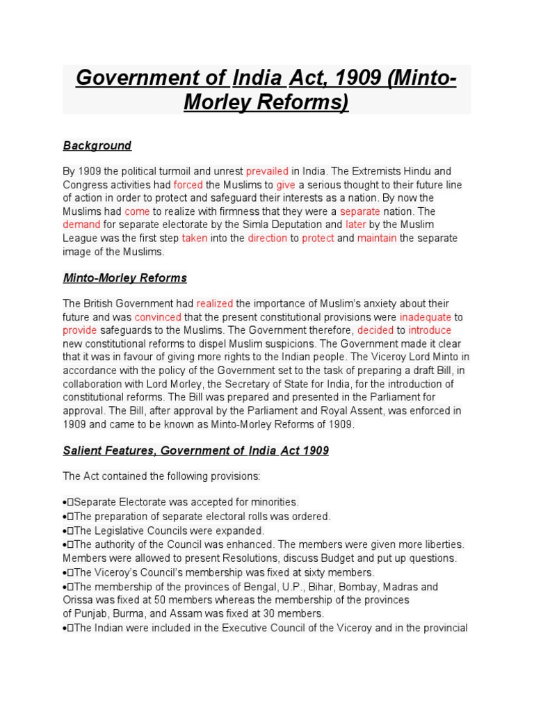 Government of Minto Morly Reforms 1909 | PDF