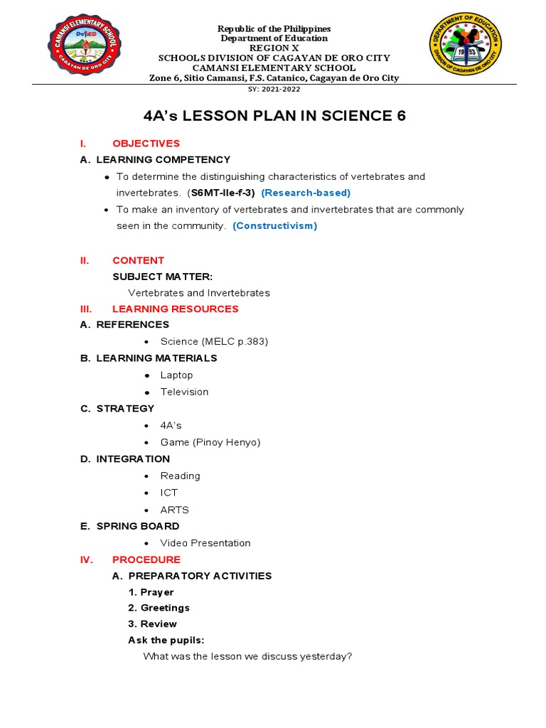 COT - 4a's LESSON PLAN IN SCIENCE 6 - SY 2021-2022 | PDF | Vertebral ...