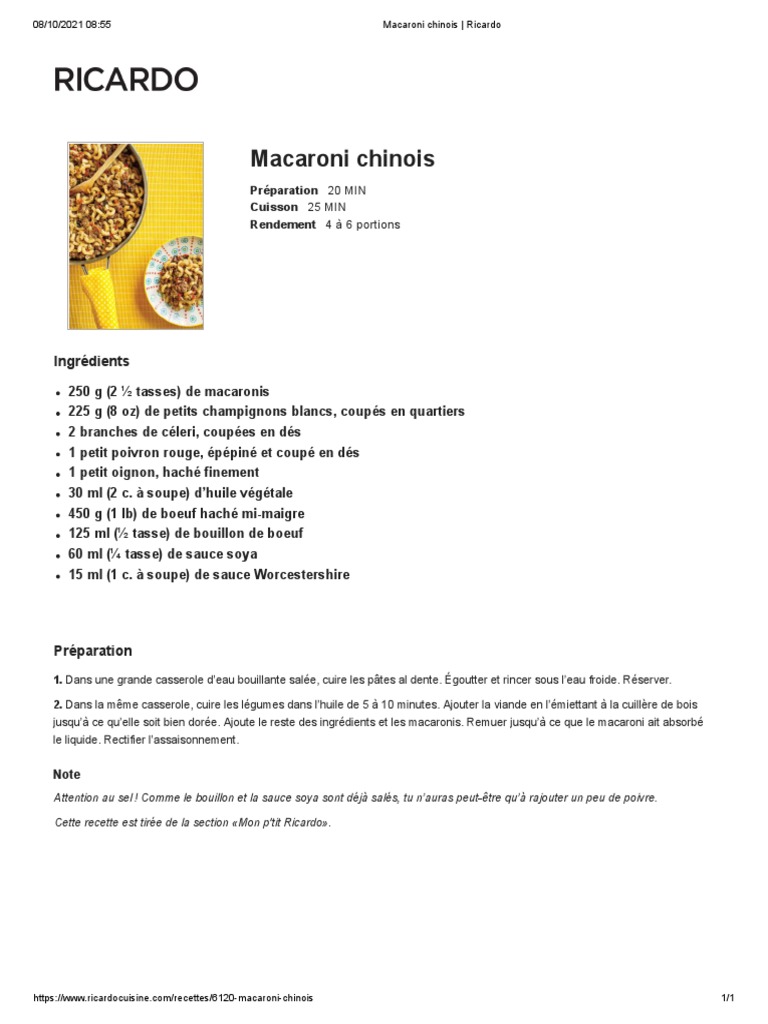 Macaroni Chinois Ricardo | PDF