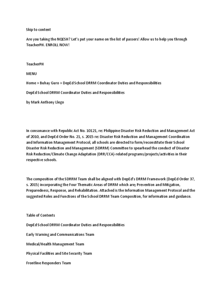 DRRM Roles and Responsibilities | PDF | Social Science | Wellness