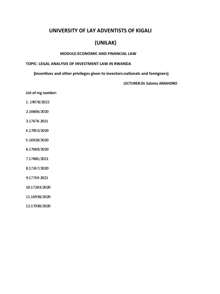 University of Lay Adventists of Kigali (Unilak) | PDF | Taxes | Investor