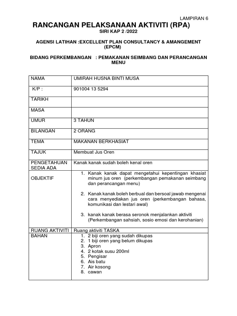 Rpa Perkembangan Pemakanan Seimbang Dan Perancangan Menu - Umirah Husna ...