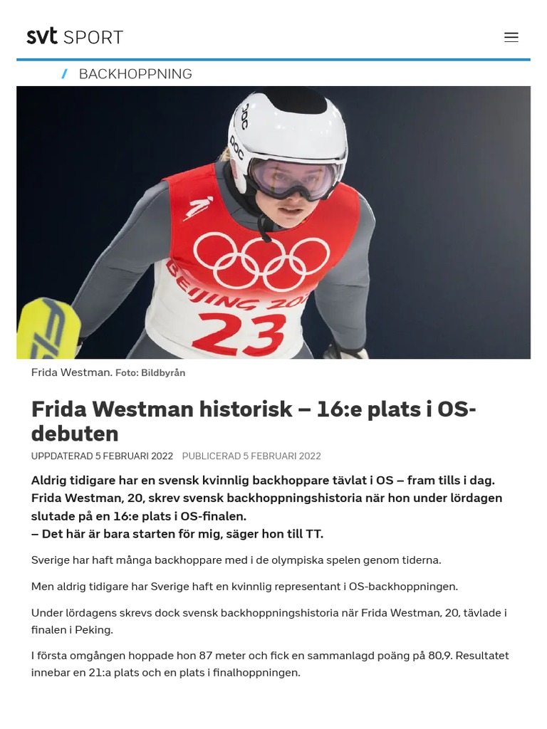 Frida Westman Historisk - 16:e Plats I OS-debuten - SVT Sport | PDF