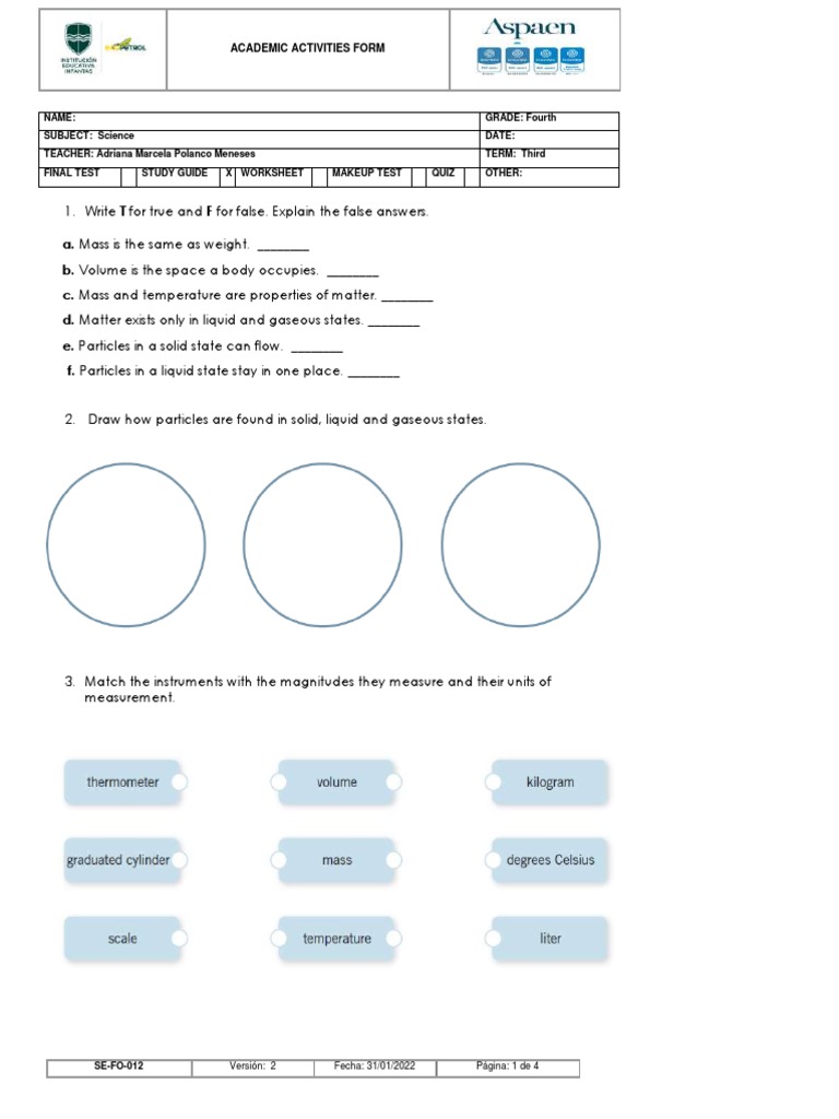 Study Guide Fourth Grade3 | PDF | Matter | Mass