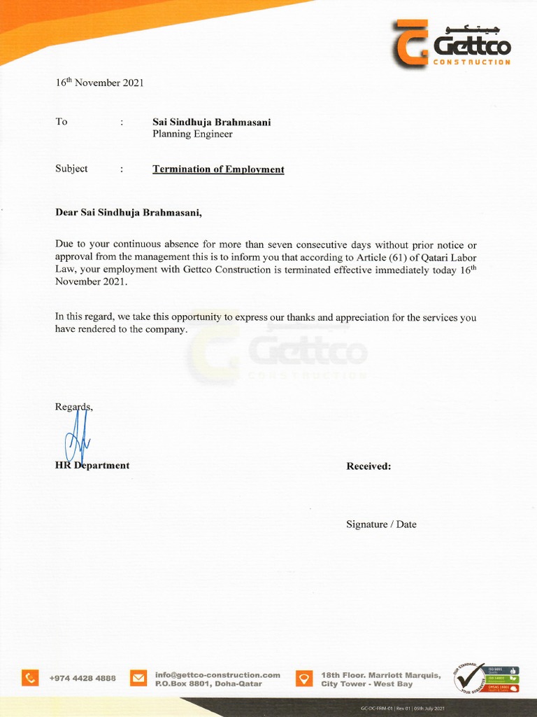 Sai Sindhuja - Termination Letter | PDF Sai Sindhuja - Termination Letter | PDF