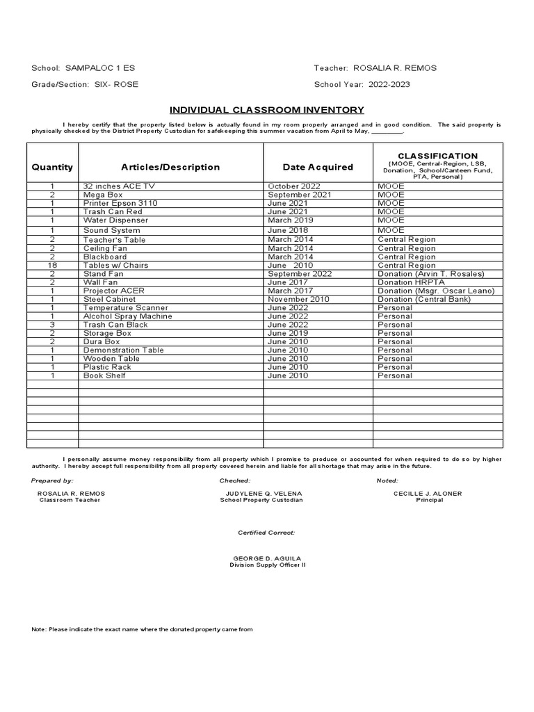 Inventory Forms Grade 6 | PDF