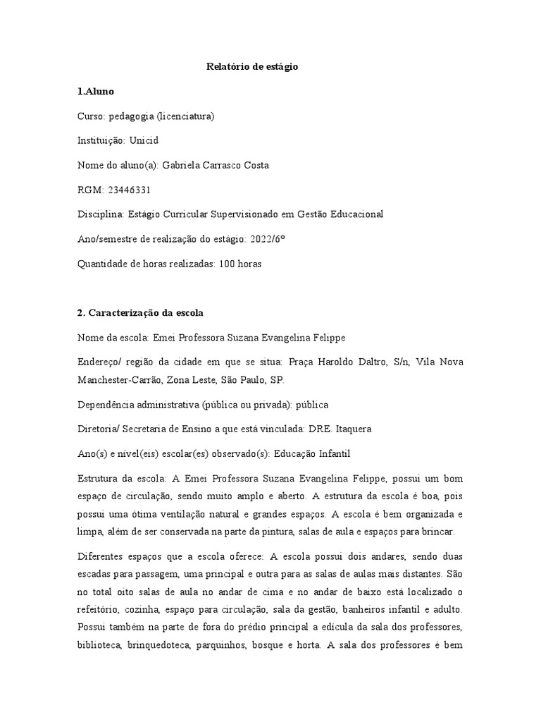 Relatório de Estágio Pedagogia 2 - Feito | PDF