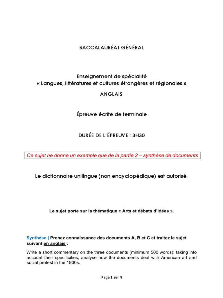 Sujet Spécialité Anglais Synthèse de Documents | PDF