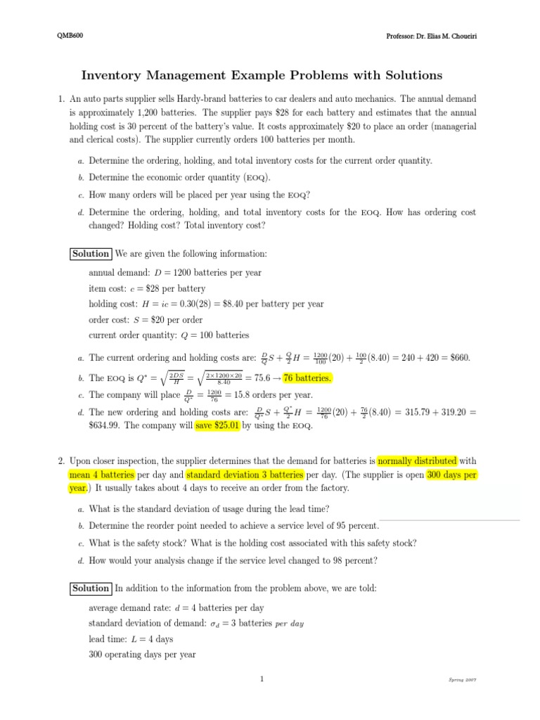 Inventory Control - Problems and Solutions | PDF