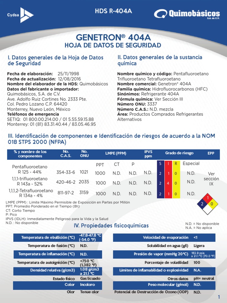 Genetron 404a Hoja de Datos de Seguridad | PDF | Oxígeno | Dióxido de ...