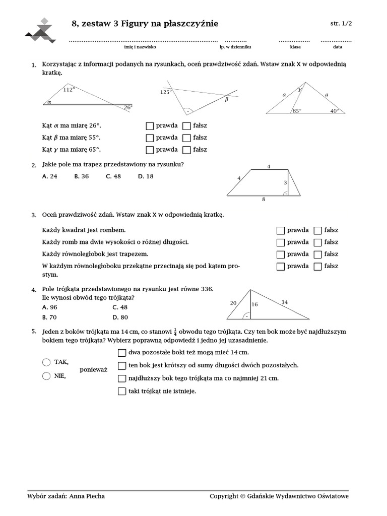 Sprawdzian kl.8 Figury Geometryczne Na Płaszczyźnie | PDF