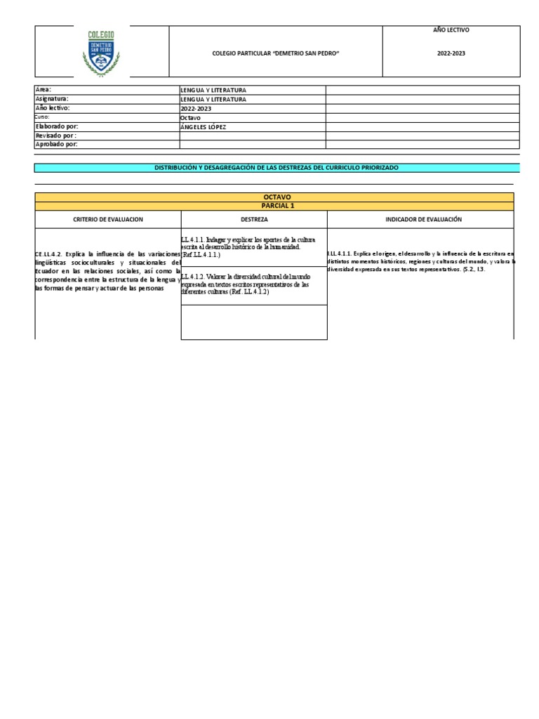 Matriz de Agregación y Desagregación de Las Destrezas L.L 8vo | PDF ...