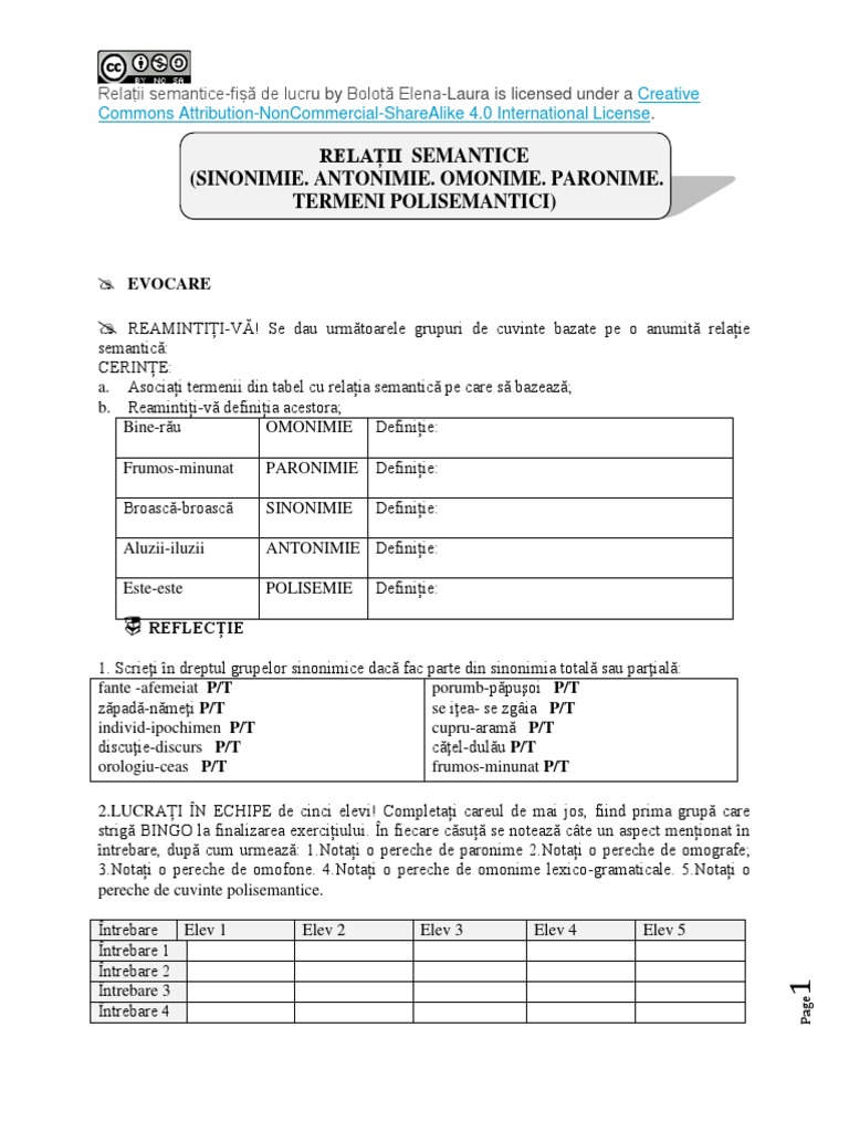 Relatii Semantice Fisa de Lucru | PDF