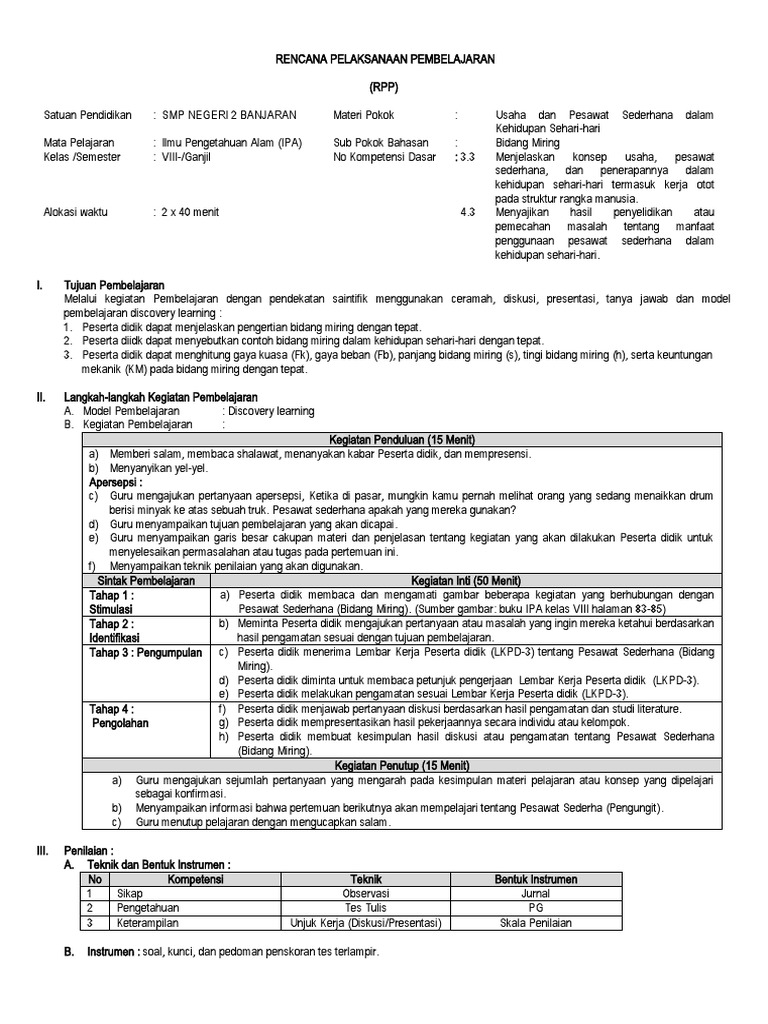 RPP IPA Bidang Miring Pertemuan-14 | PDF