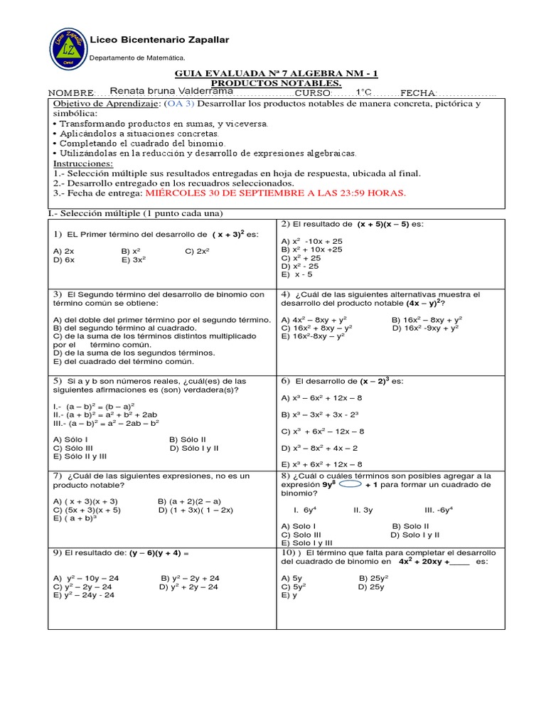 Guia Evaluada N 7 Productos Notables | PDF