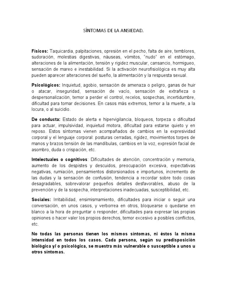 Síntomas de La Ansiedad | PDF
