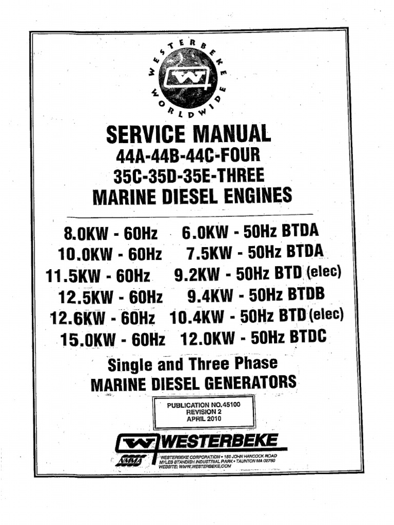 WESTERBEKE Manual Service 35e 44c 8-15 BTDC 45100 Rev 2 | PDF