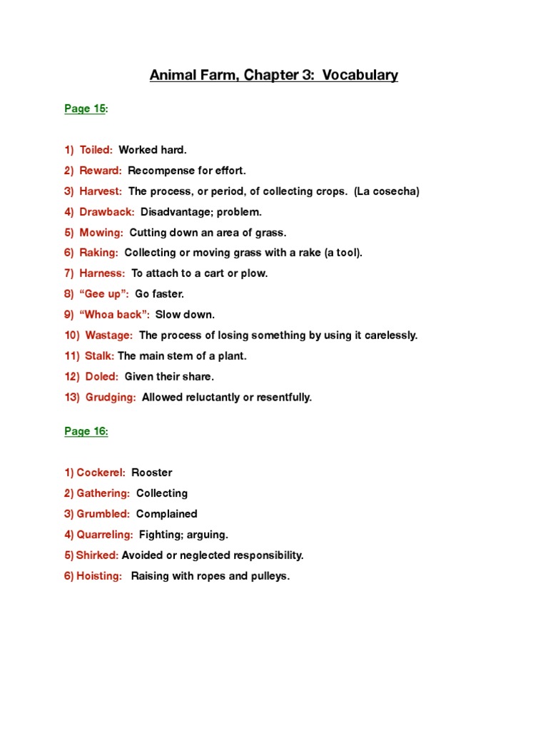 Animal Farm Chapter 3 Vocabulary | PDF