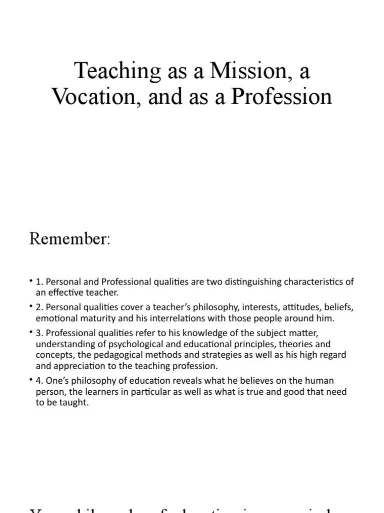 Teaching as a Mission and Vocation | PDF | Teaching Method | Philosophy ...
