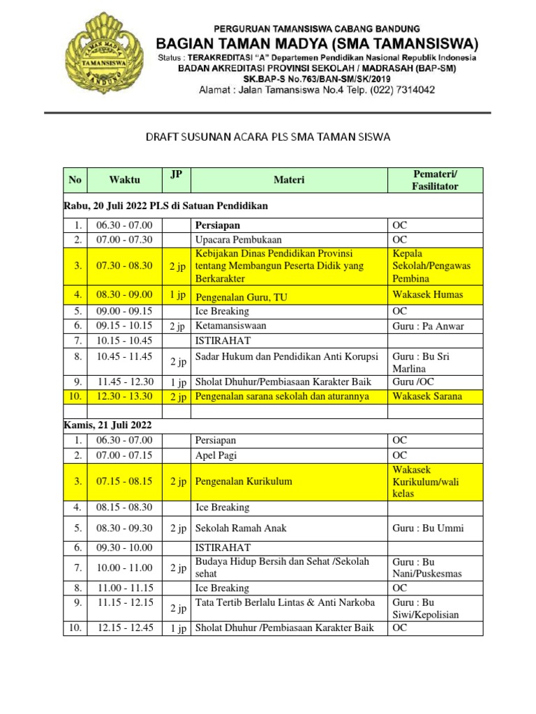 Draft Susunan Acara Pls Sma Taman Siswa | PDF