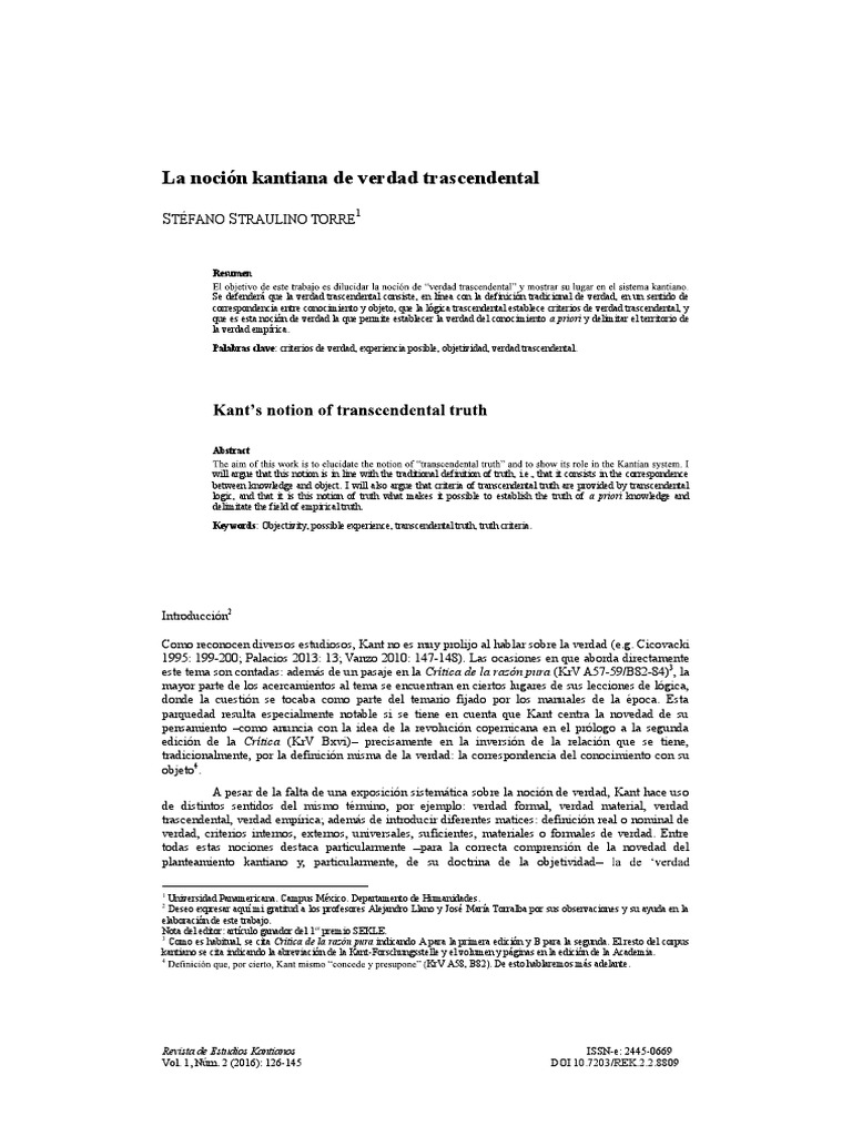 La Noción Kantiana de La Verdad Trascendental (Stefano Straulino Torre ...