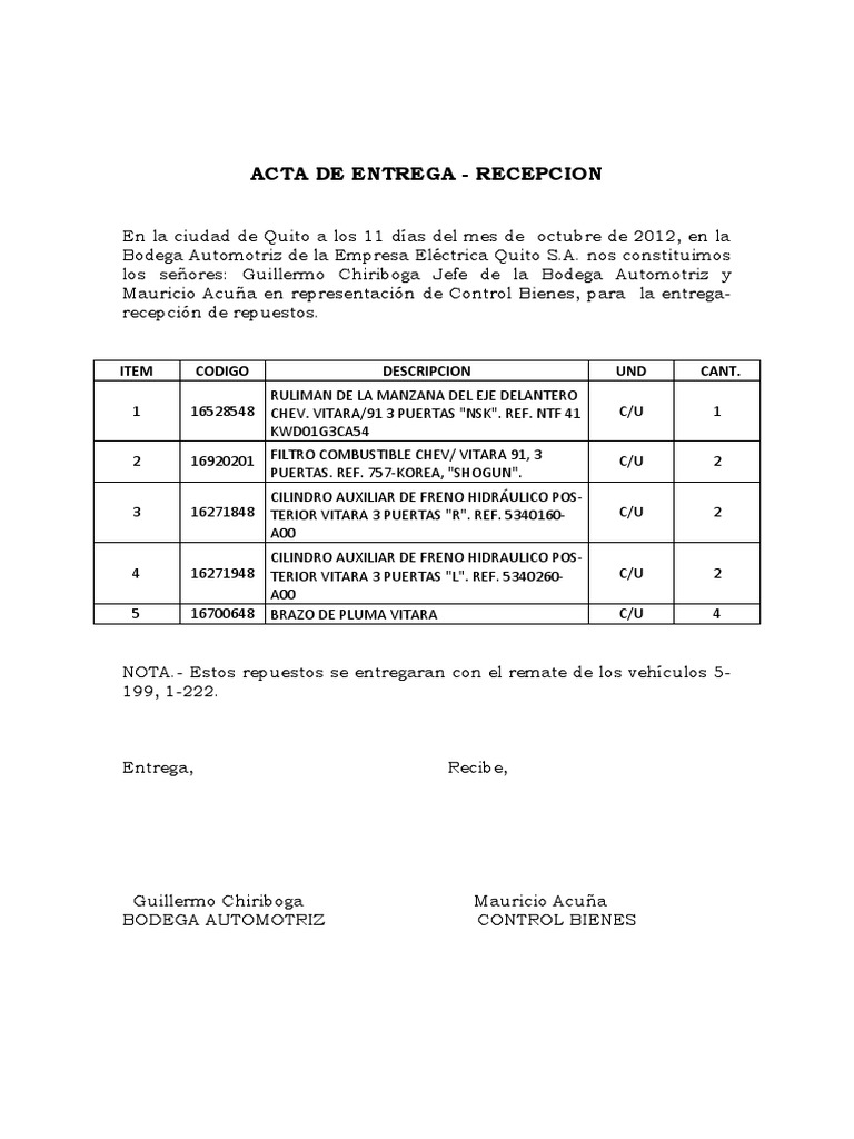 Acta Entrega Recepción Control Bienes | PDF
