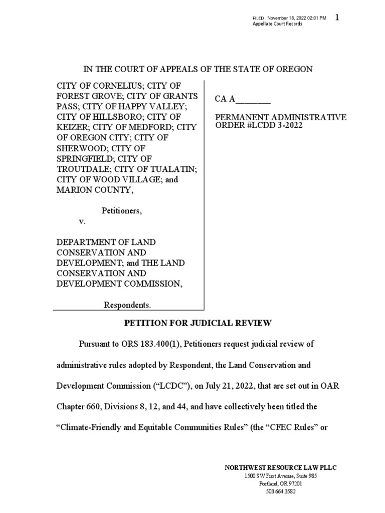 Cities Vs Oregon Environmental Rules Lawsuit, Petition For Judicial ...