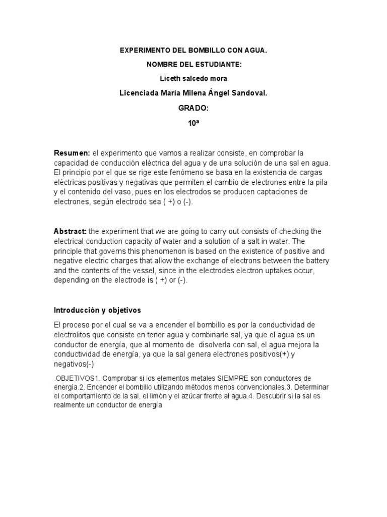 Experimento Del Bombillo Con Agua | PDF | Electrólito | Sal (química)