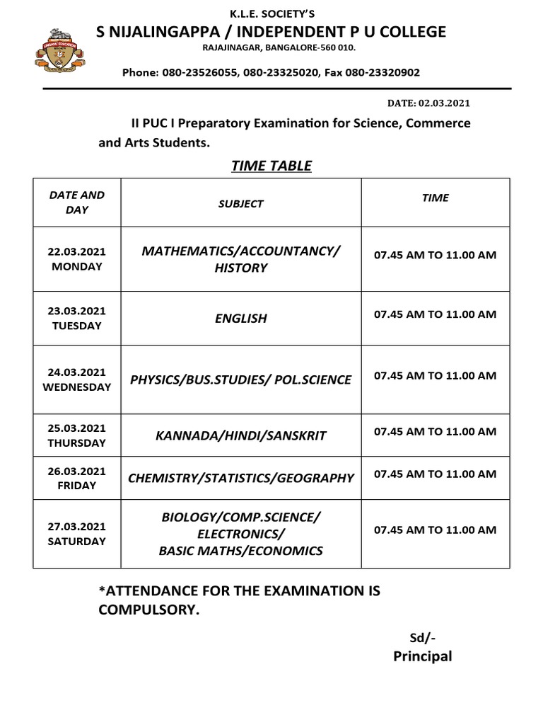 S Nijalingappa / Independent P U College: Time Table | PDF