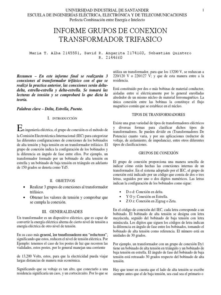 Informe Lab #6 Grupos de Conexiones Transformador Trifasico | PDF Informe Lab #6 Grupos de Conexiones Transformador Trifasico | PDF