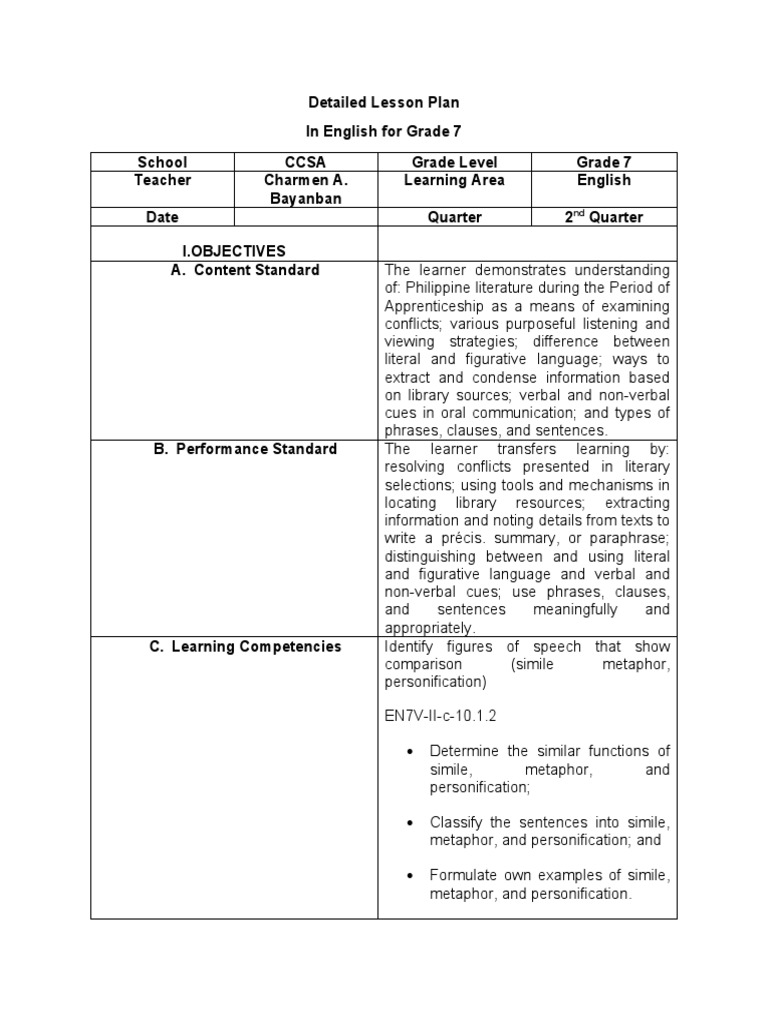 Detailed Lesson Plan | PDF | Metaphor | Learning